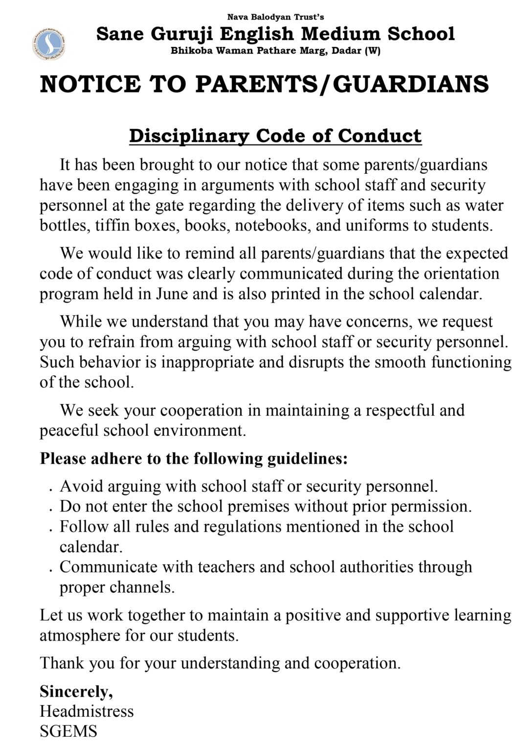 Notice to Parents/Guardians – Sane Guruji Vidyalaya English Medium School